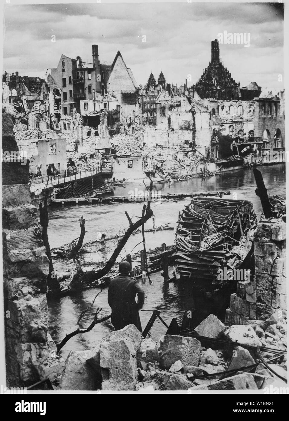 Choked with debris, a bombed water intake of the Pegnitz River no ...