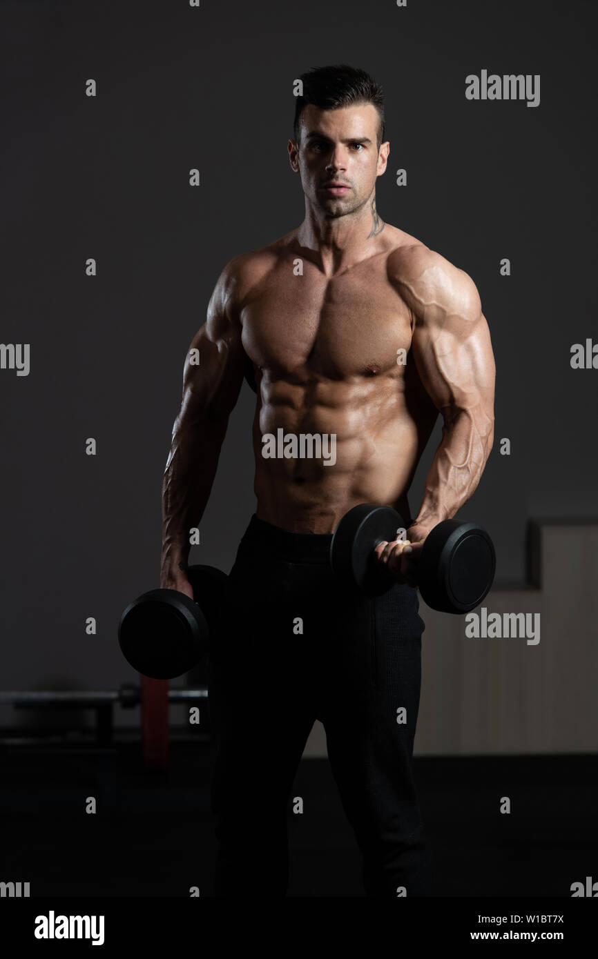 Athlete Working Out Biceps In A Gym - Dumbbell Concentration Curls ...