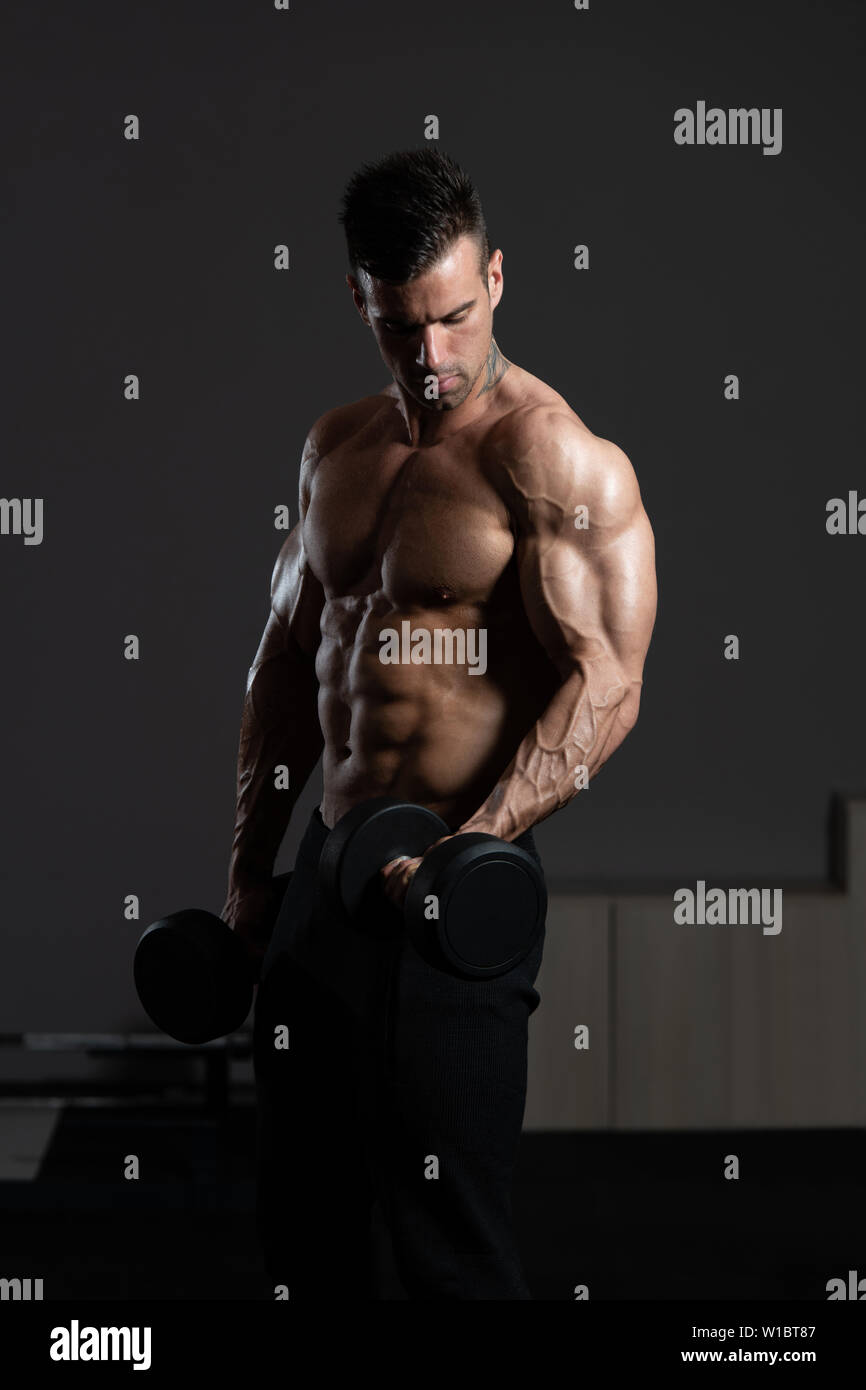 Healthy Man Working Out Biceps In A Dark Gym - Dumbbell Concentration ...