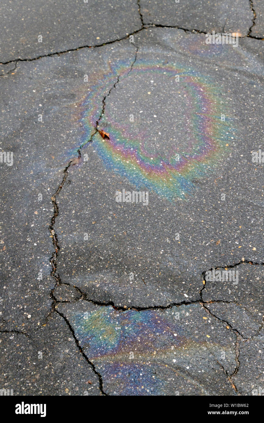 Close-up of a colorful and toxic oil slick spreading on a wet asphalt ...