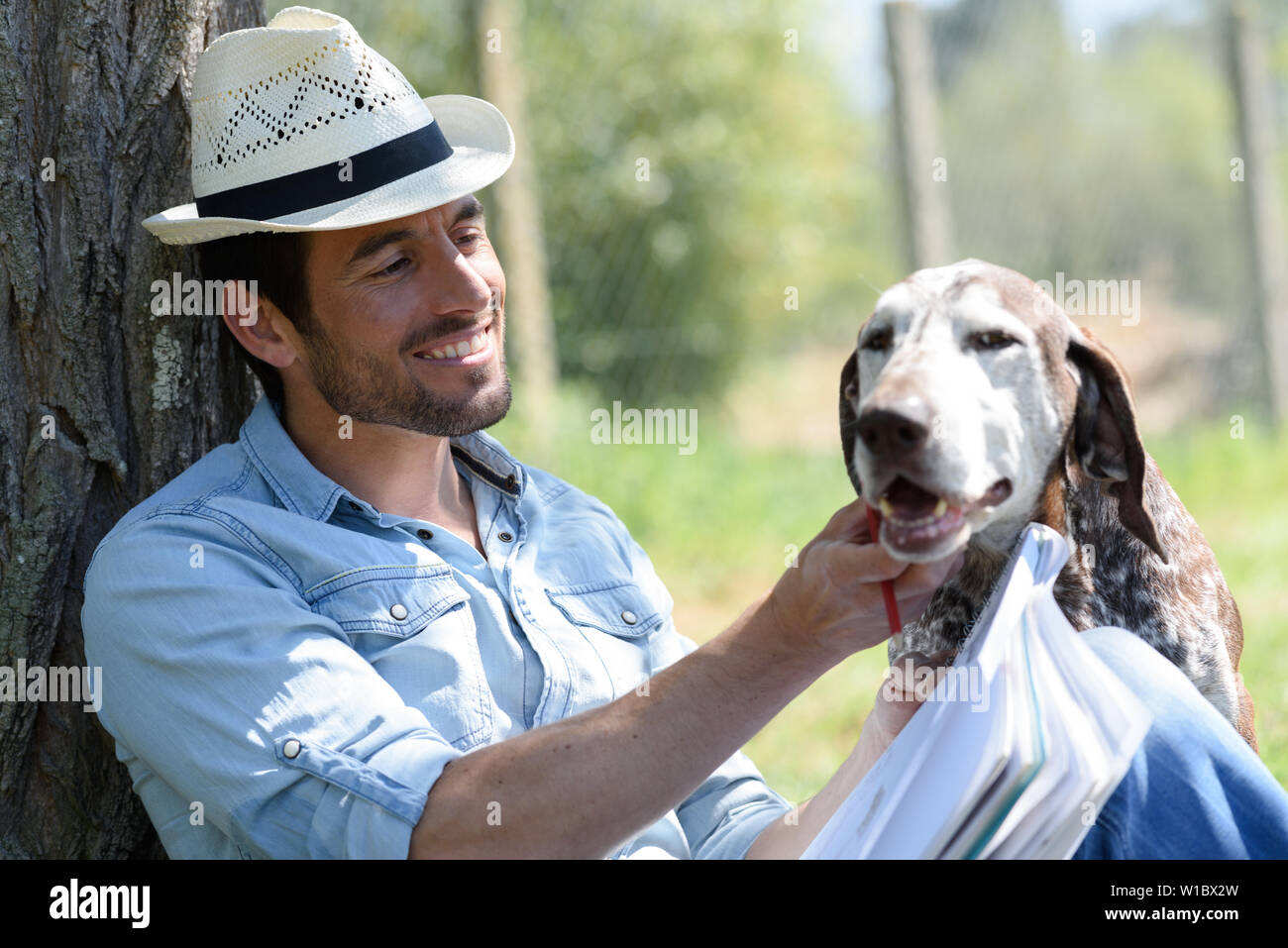 man caressing his dog Stock Photo - Alamy