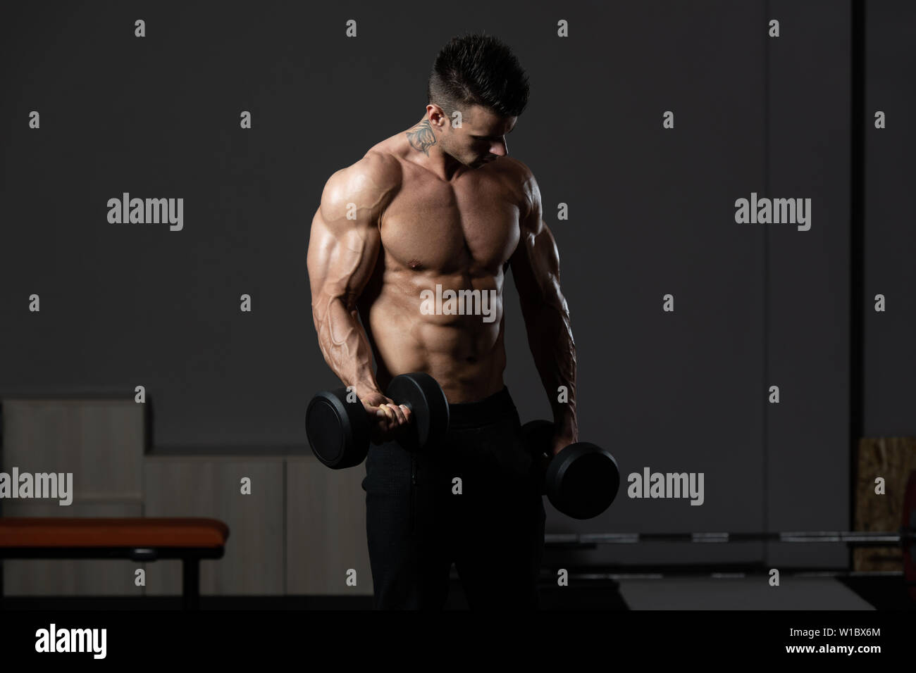 Healthy Man Working Out Biceps In A Dark Gym - Dumbbell Concentration ...