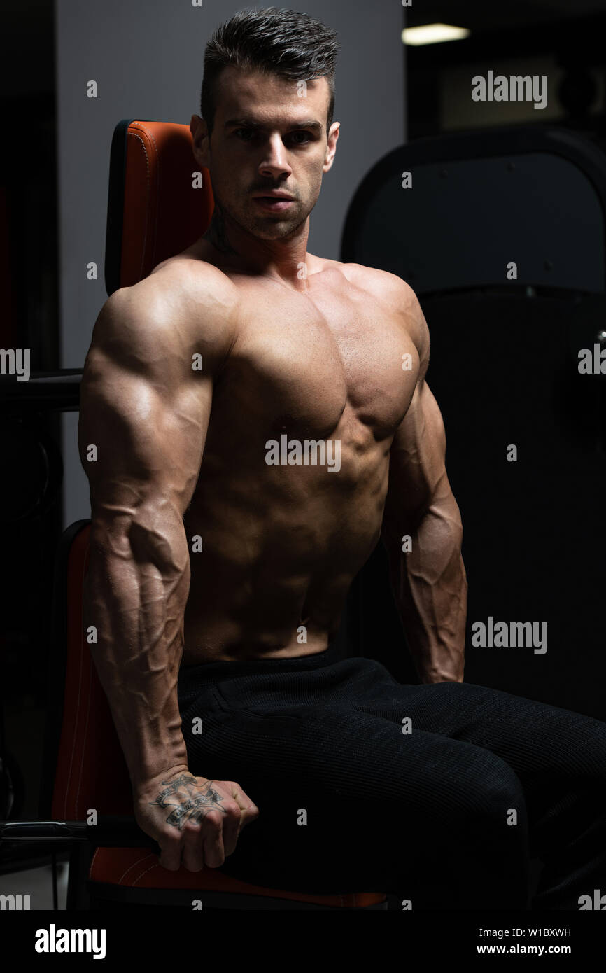 Handsome Muscular Fitness Bodybuilder Doing Heavy Weight Exercise For ...