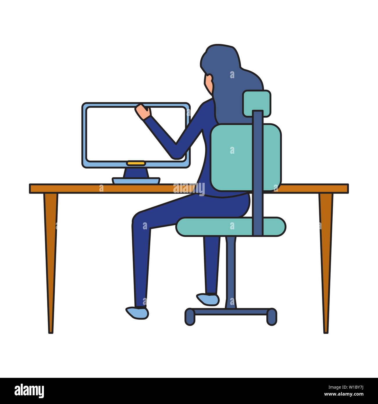 back view businesswoman working office desk computer business vector ...