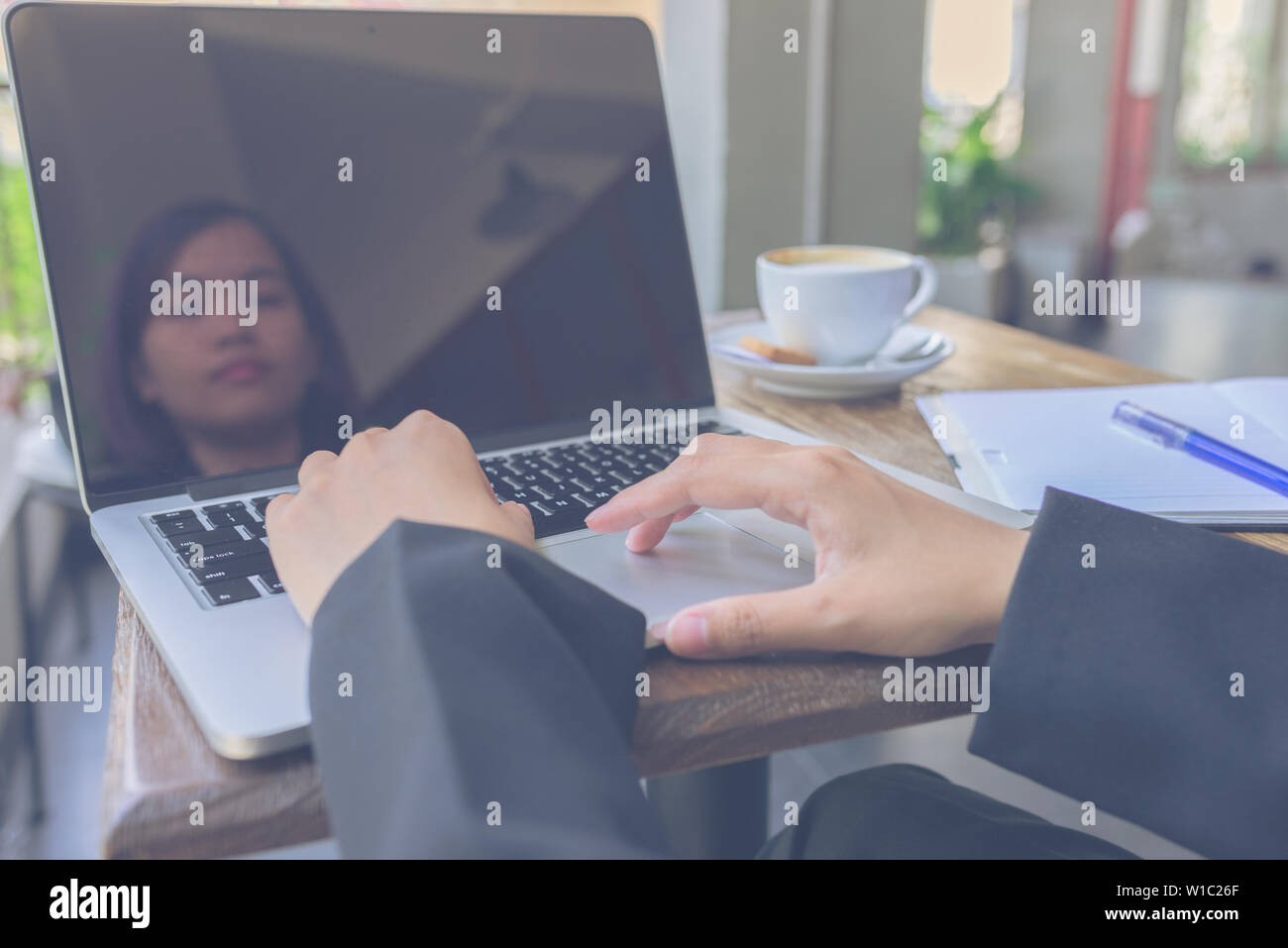 Close up photo of woman hands typing keyboard on laptop Stock Photo - Alamy