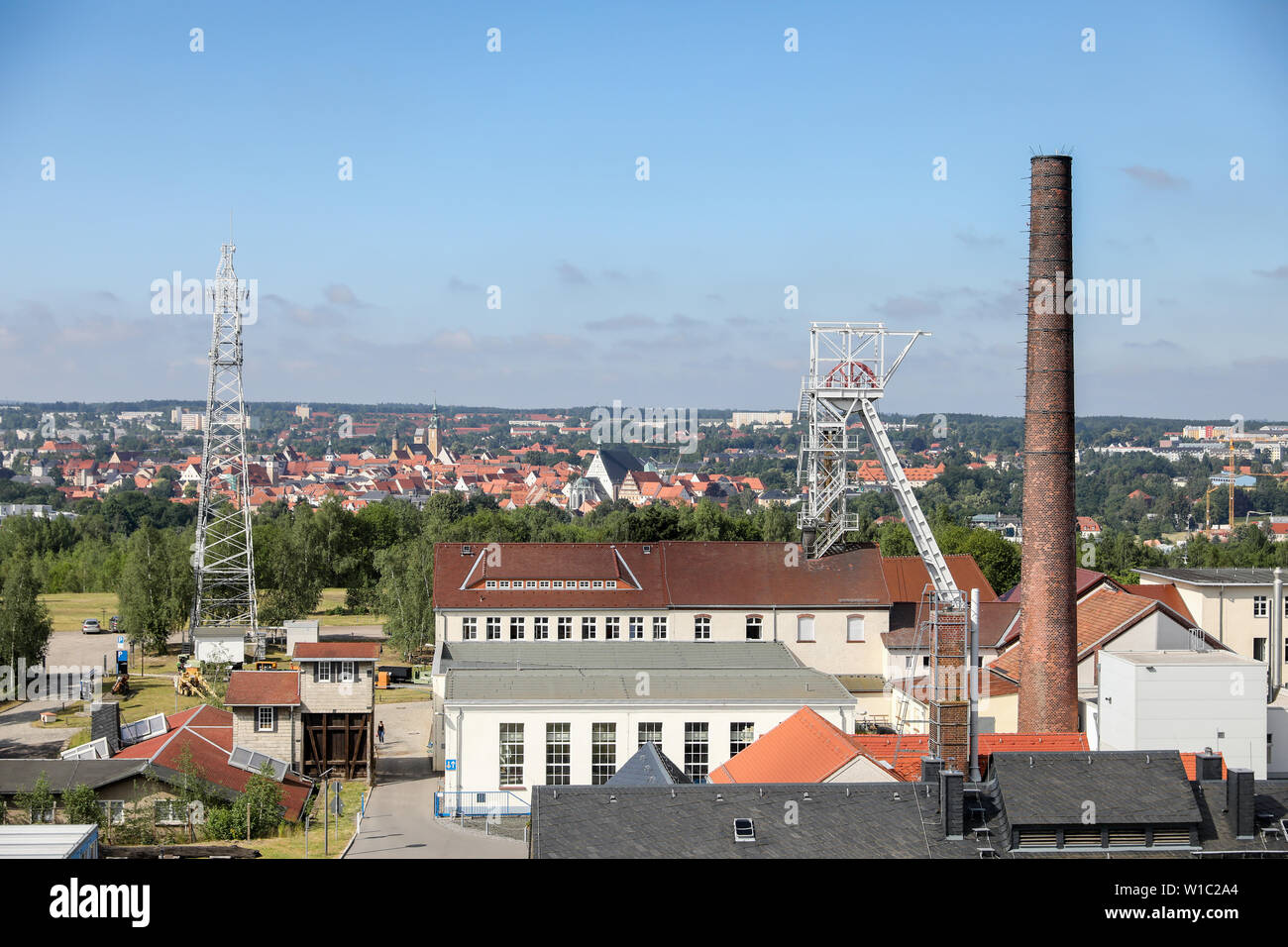 27 June 2019, Saxony, Freiberg: Panoramic view over the daily ...