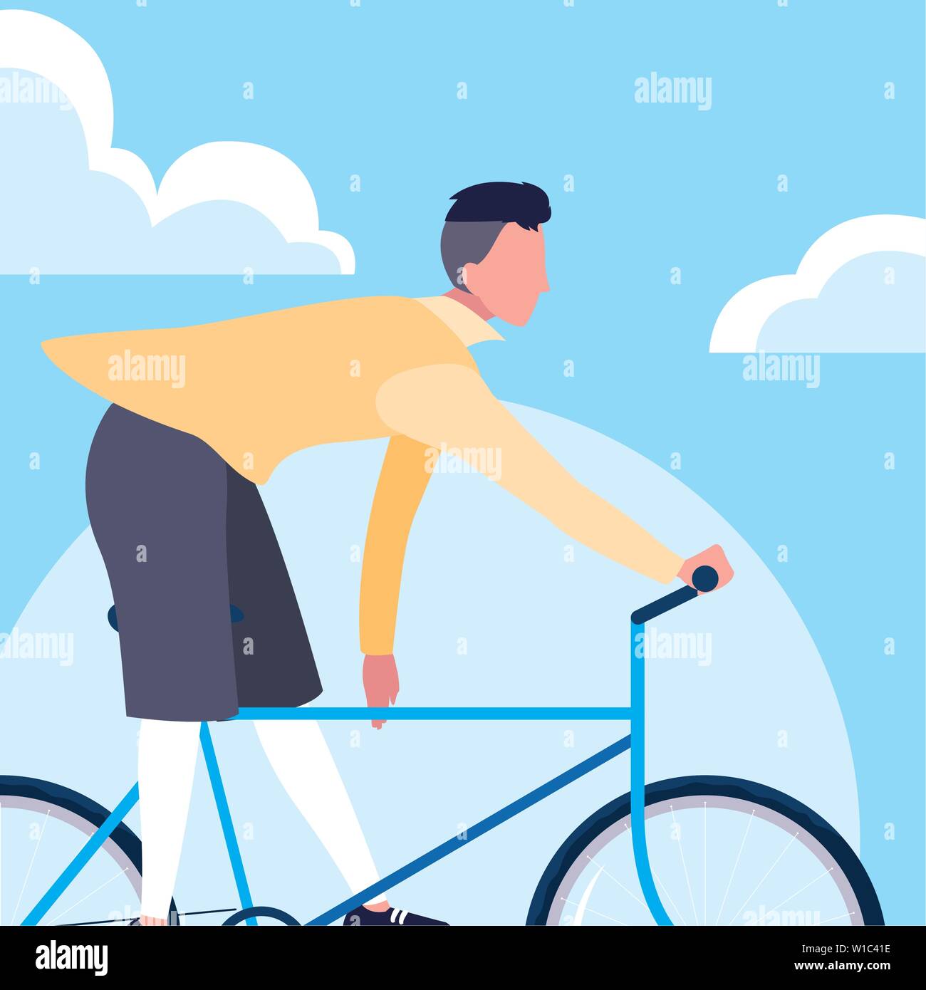 young man riding bike with sky and clouds vector illustration design ...