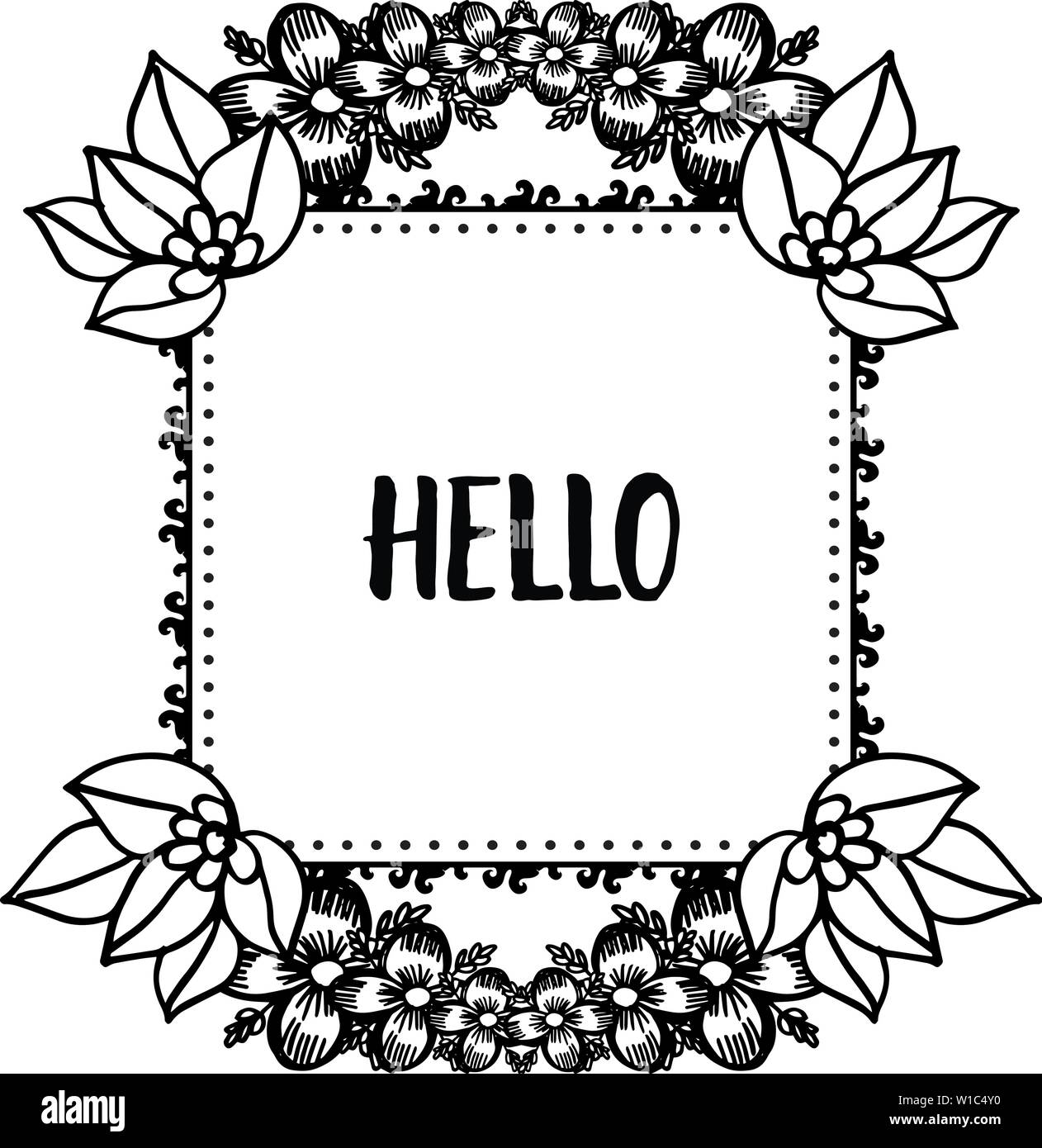 Vector illustration greeting card hello with various cute floral frame ...