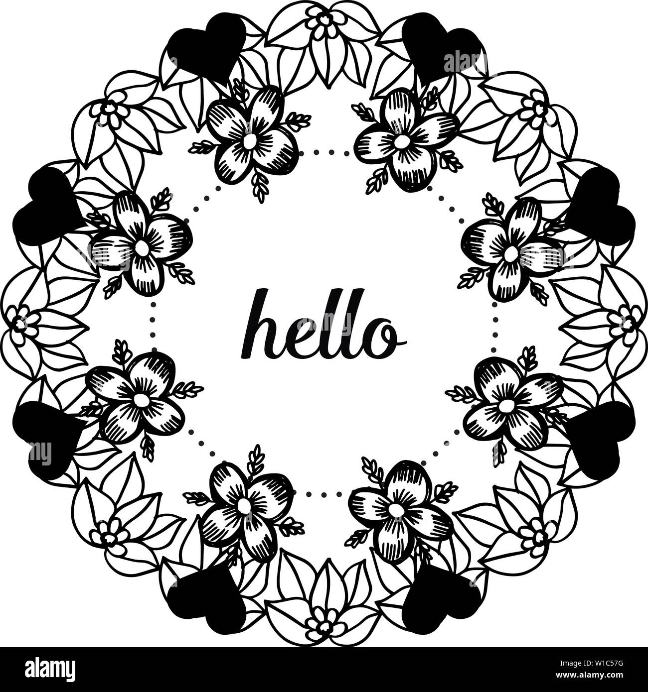 Vector illustration greeting card hello with various cute floral frame ...