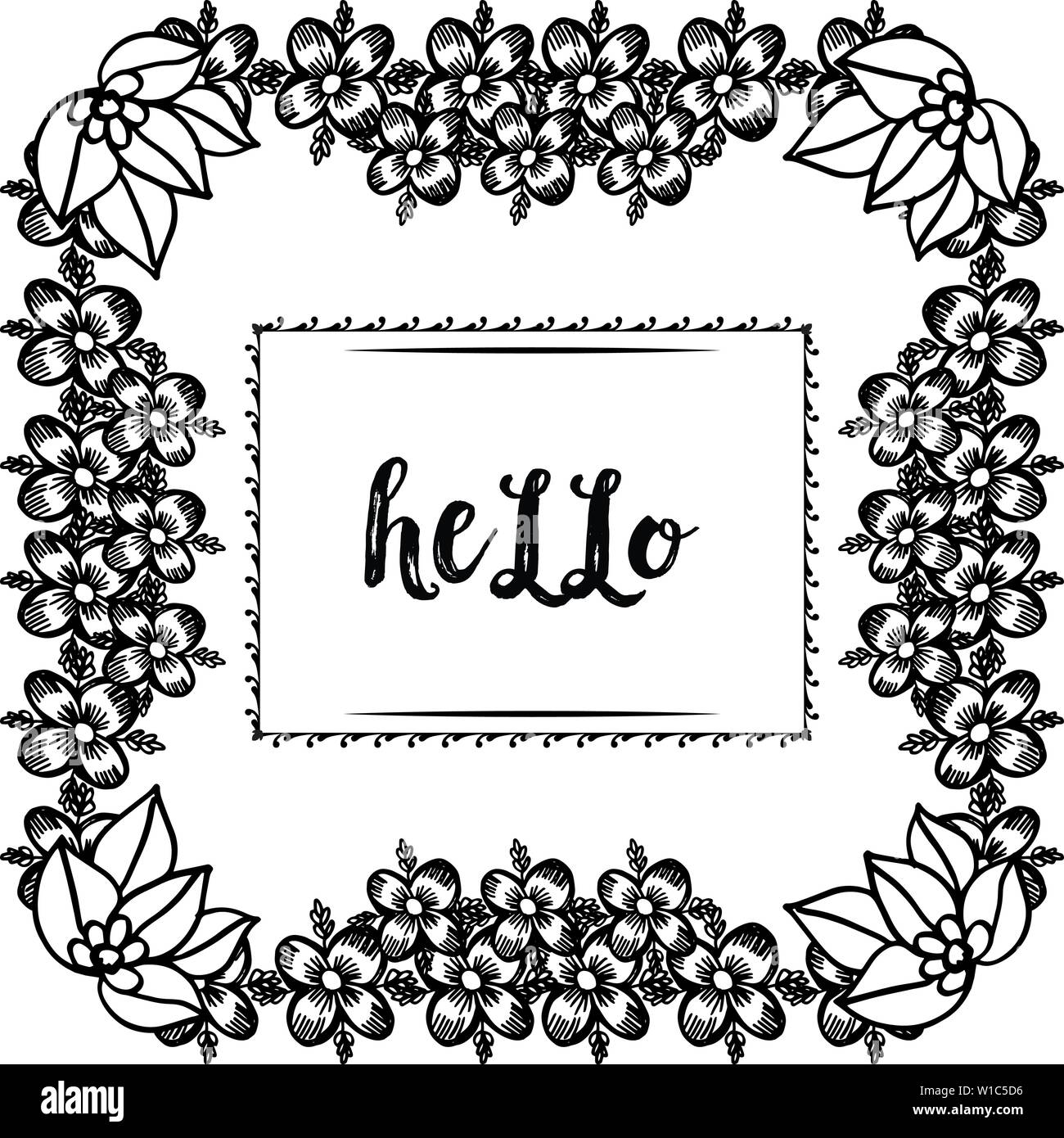 Vector illustration cute flower frame with ornament writing hello hand ...