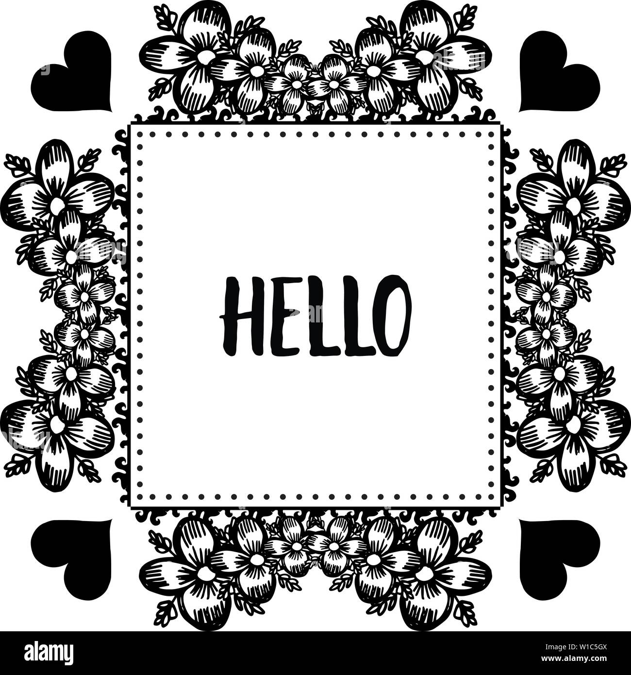 Vector illustration cute flower frame with ornament writing hello hand ...