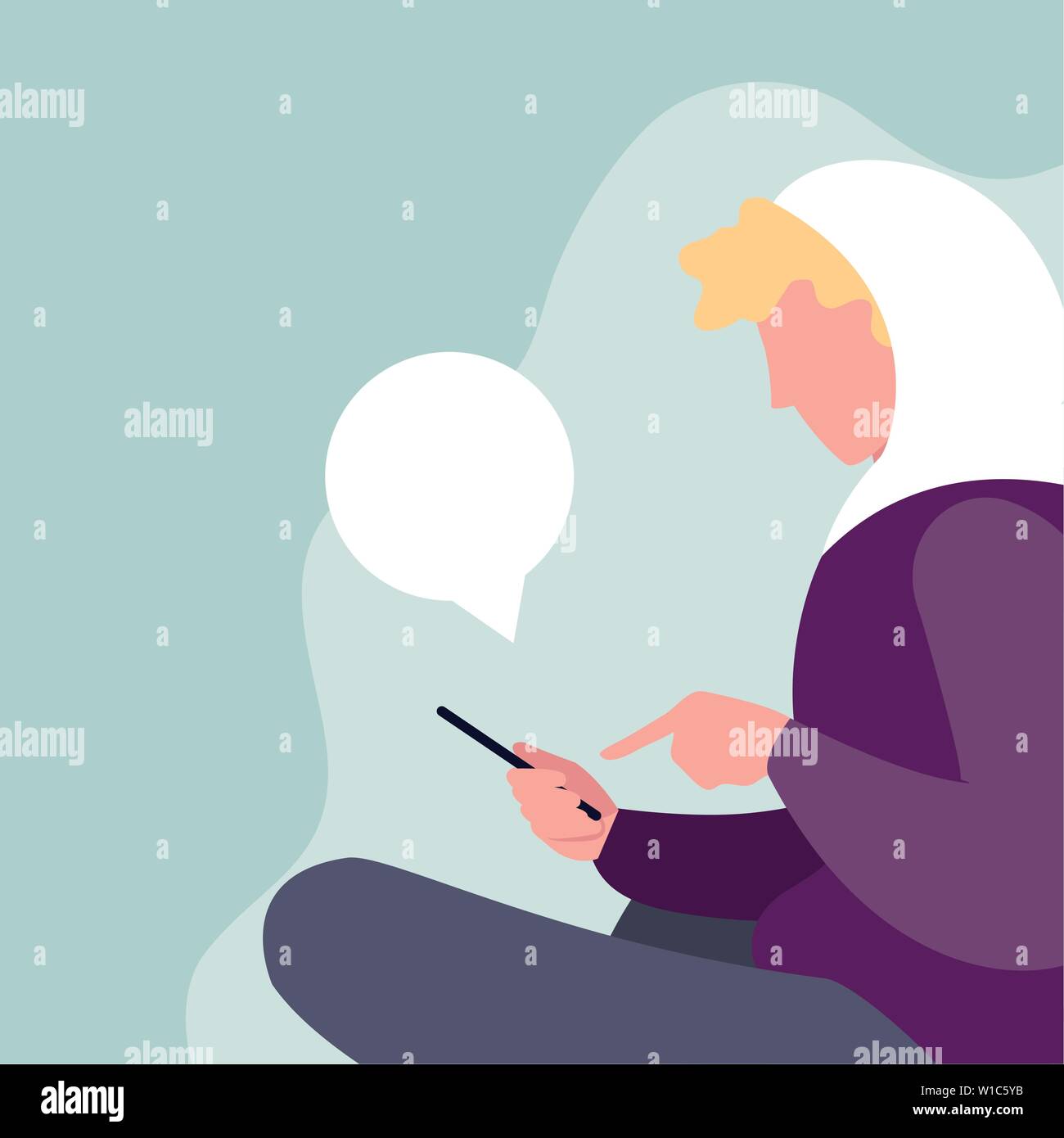 young man sitting using smartphone with speech bubble vector ...