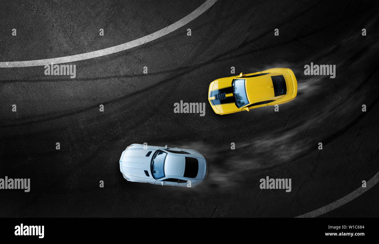 Aerial top view two cars drifting battle on race track, Two race cars ...