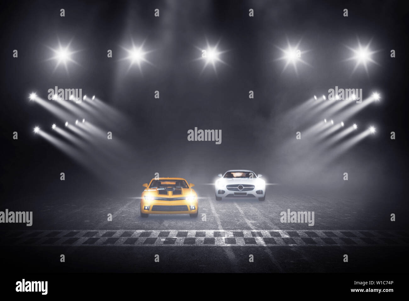 Two cars race track finish line racing on night Stock Photo - Alamy