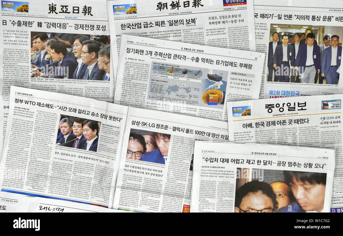 Photo shows the July 2, 2019, editions of South Korea's major ...