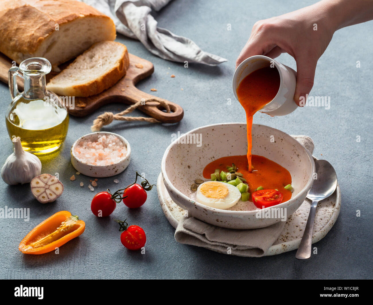 Pouring soup puree plate on hi-res stock photography and images - Alamy