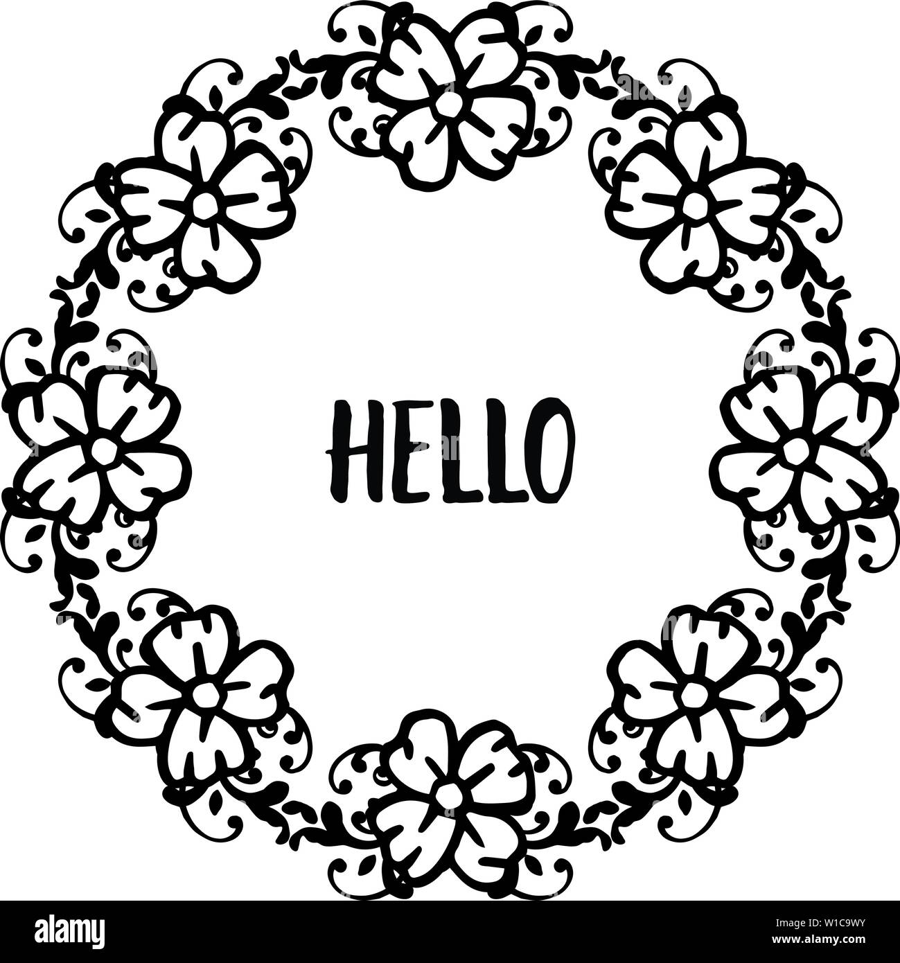 Vector illustration cute wreath frame with pattern card of hello hand ...
