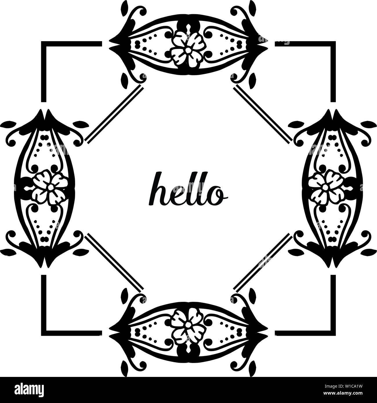 Vector illustration cute wreath frame with pattern card of hello hand ...