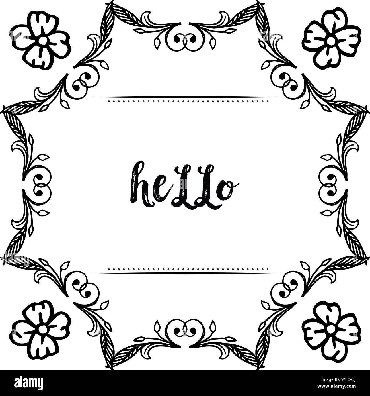 Vector illustration cute wreath frame with pattern card of hello hand ...