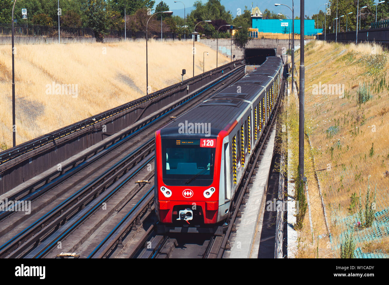 SANTIAGO, CHILE - DECEMBER 2015: A Santiago Metro train exiting ...