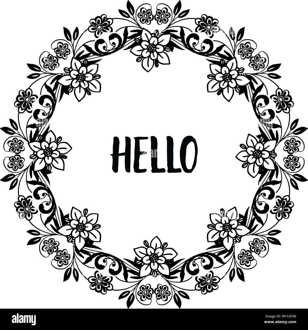 Vector illustration template hello with flower wreath leaves hand drawn ...