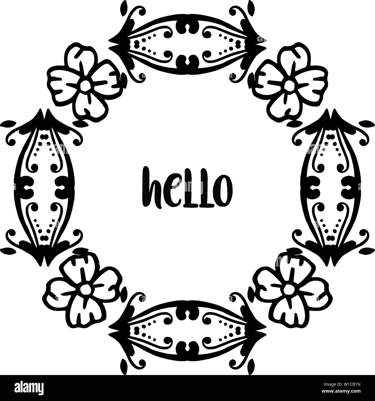 Vector illustration template hello with flower wreath leaves hand drawn ...