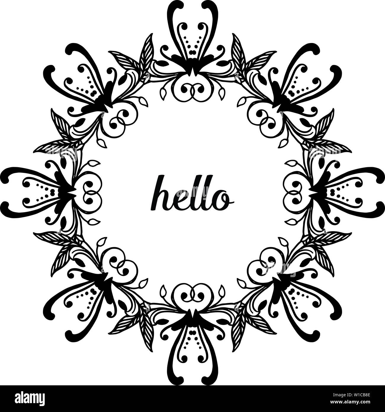 Vector illustration template hello with flower wreath leaves hand drawn ...