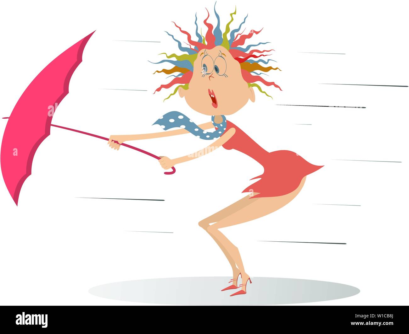 Strong wind, rain and woman with umbrella illustration. Whirlwind, rain ...