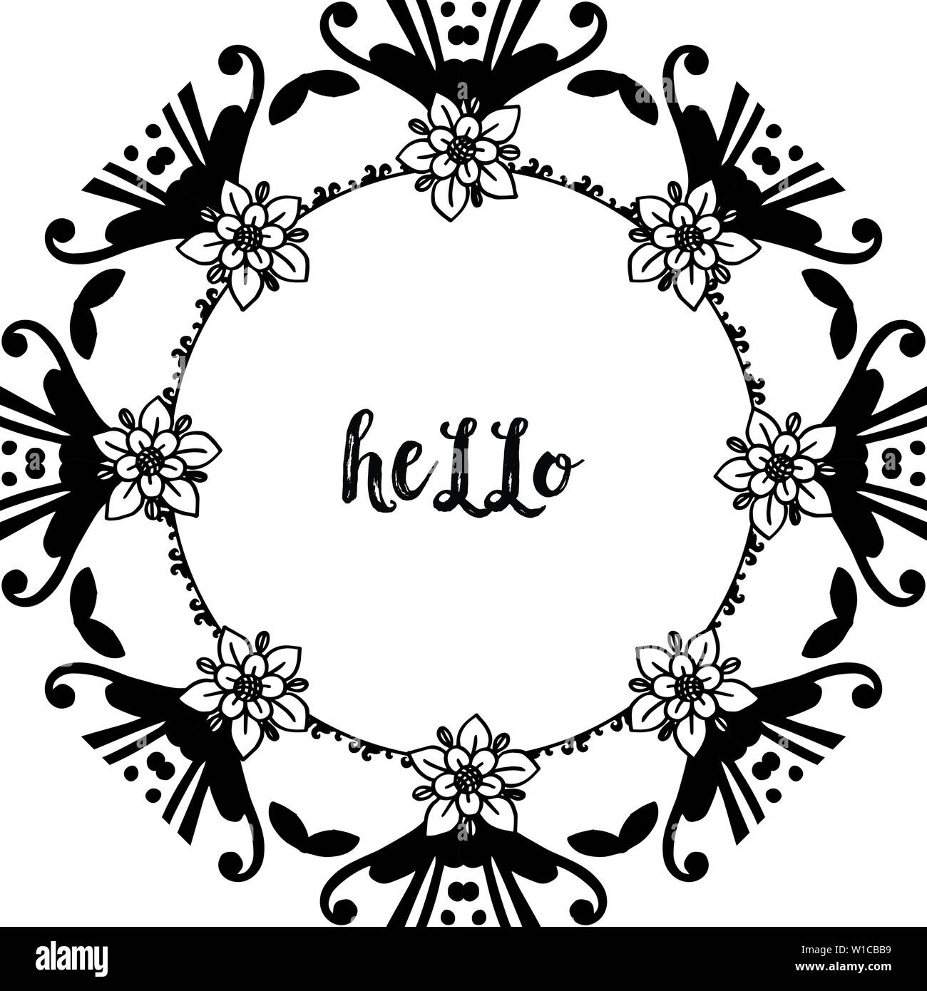 Vector illustration template hello with flower wreath leaves hand drawn ...