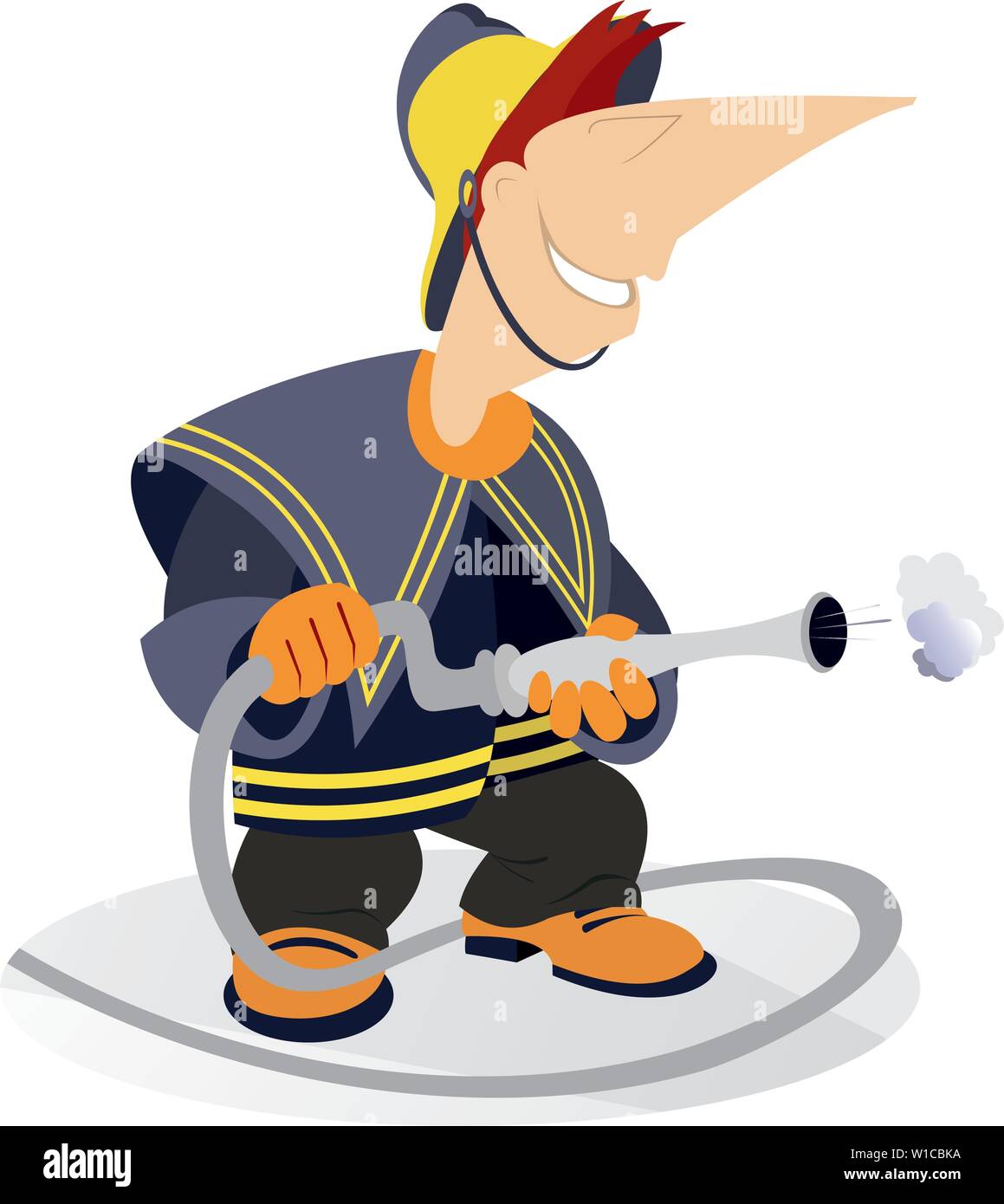 Cartoon brave fireman illustration. Smiling fireman with fire hose ...