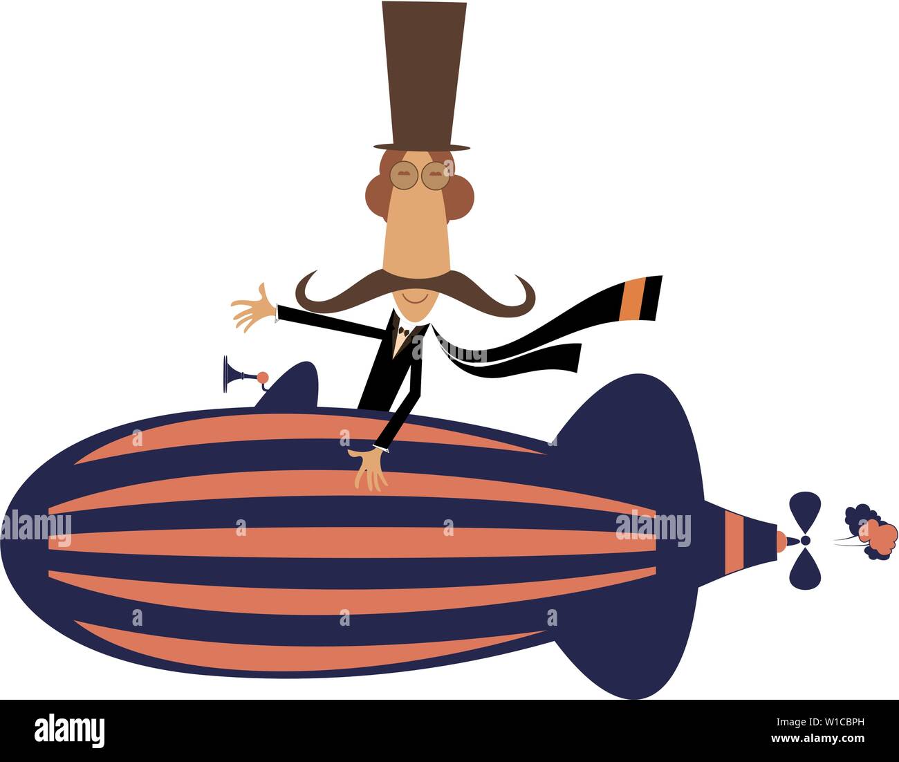Funny mustache man on the airship illustration. Cartoon mustache man ...