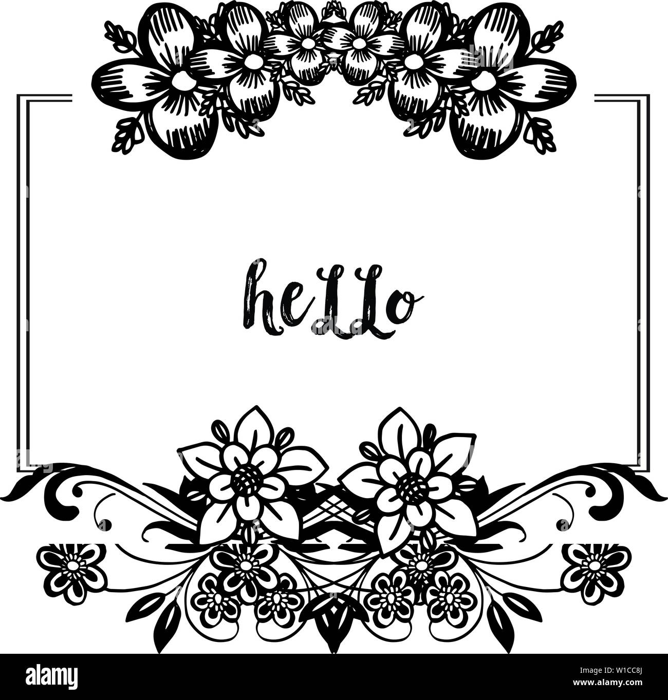 Vector illustration cute card hello with beautiful wreath frame hand ...