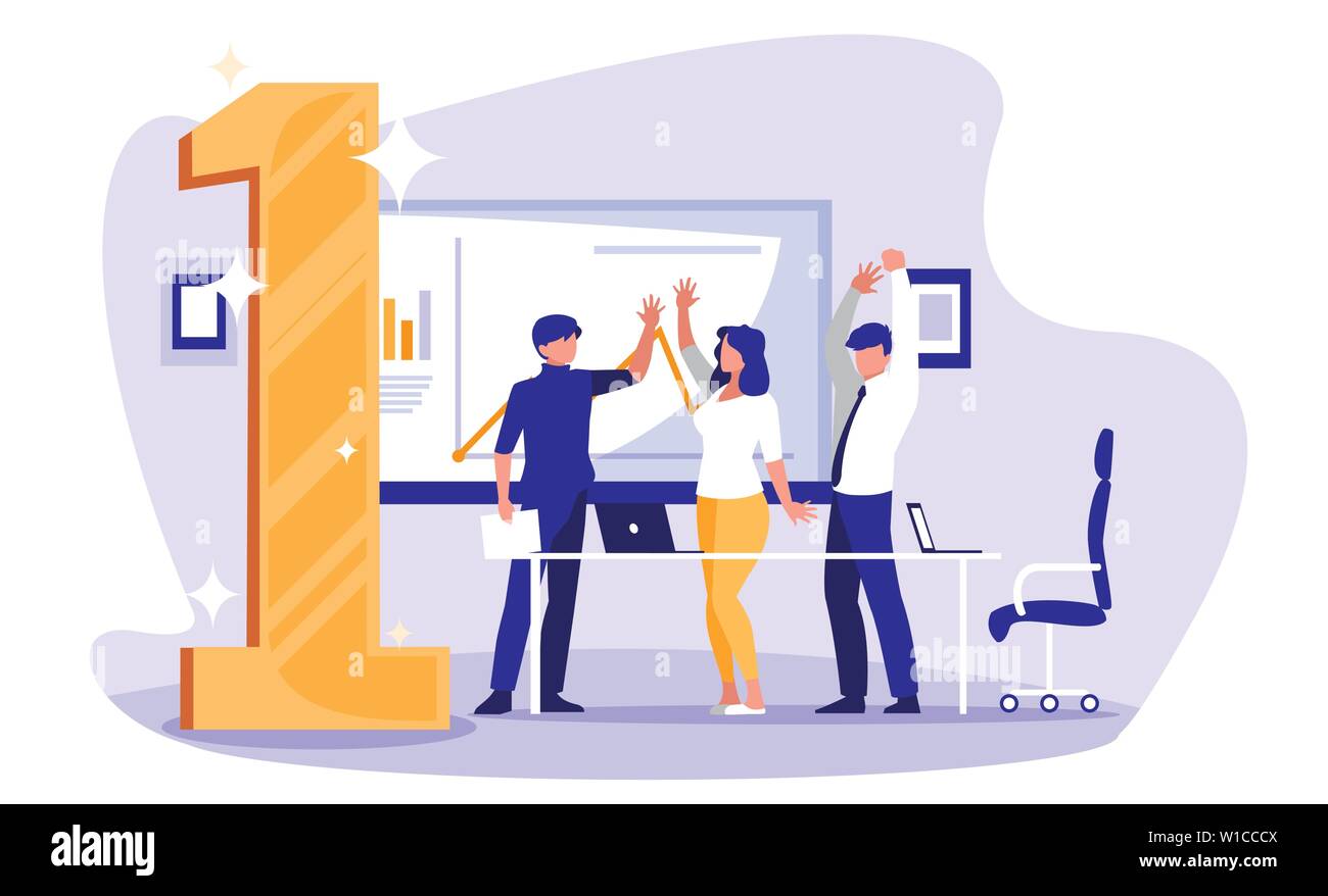 business people celebrating in the workplace with number one vector ...