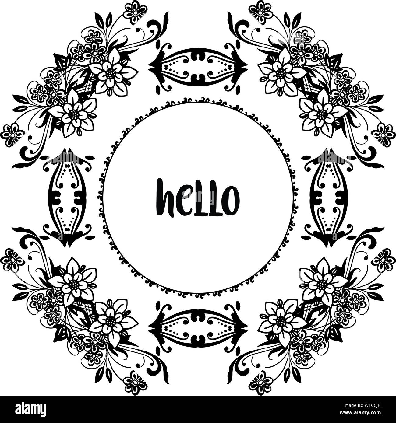 Vector illustration crowd of flower frame with various lettering hello ...