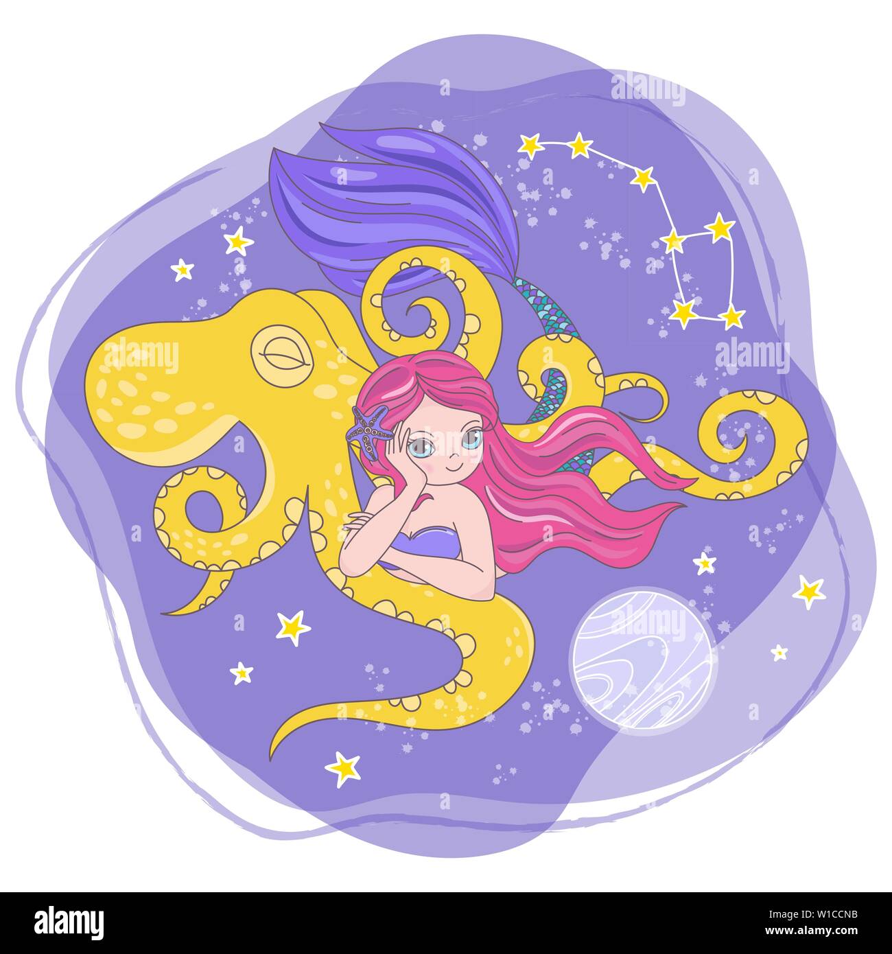 MOON OCTOPUS Mermaid Space Cartoon Cosmos Galactic Universe Princess ...