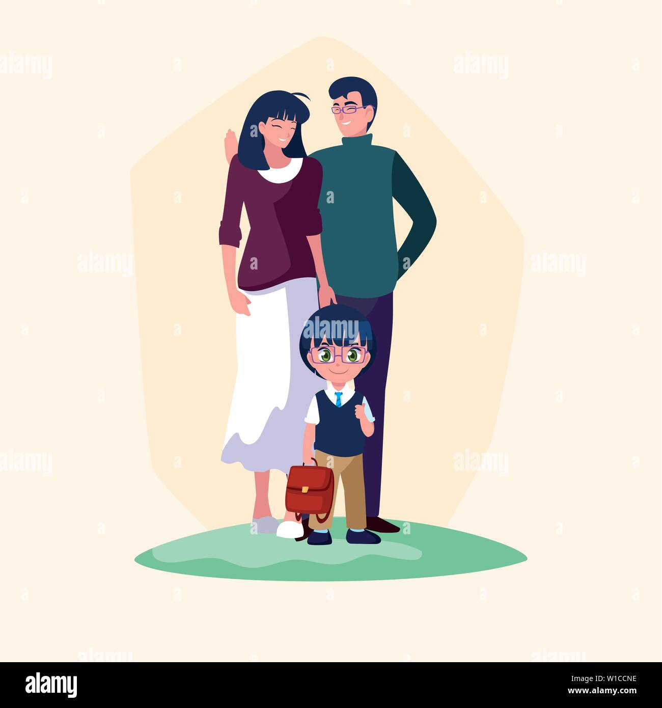 cute little student boy and schoolbag with parents vector illustration ...