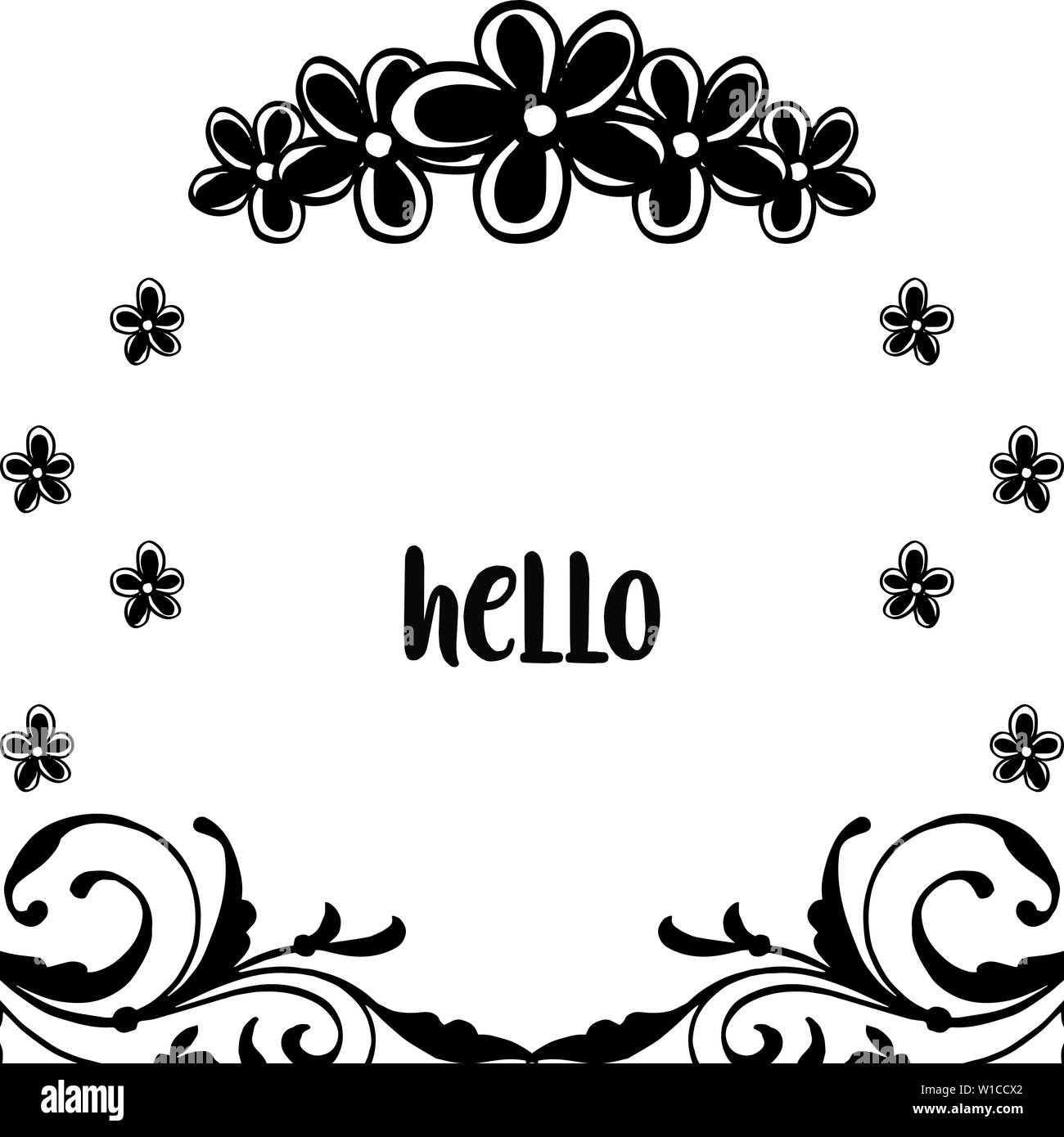 Vector illustration crowd of flower frame with various lettering hello ...