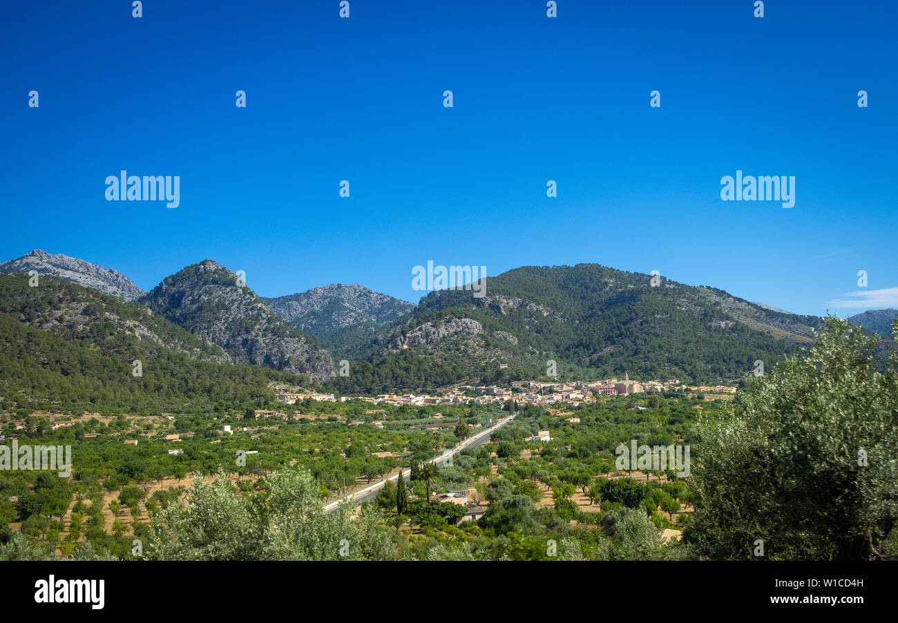 landscape with town Selva an olive trees Stock Photo - Alamy