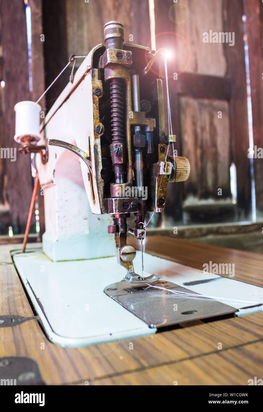 Classic retro style manual sewing machine ready for sewing Stock Photo ...