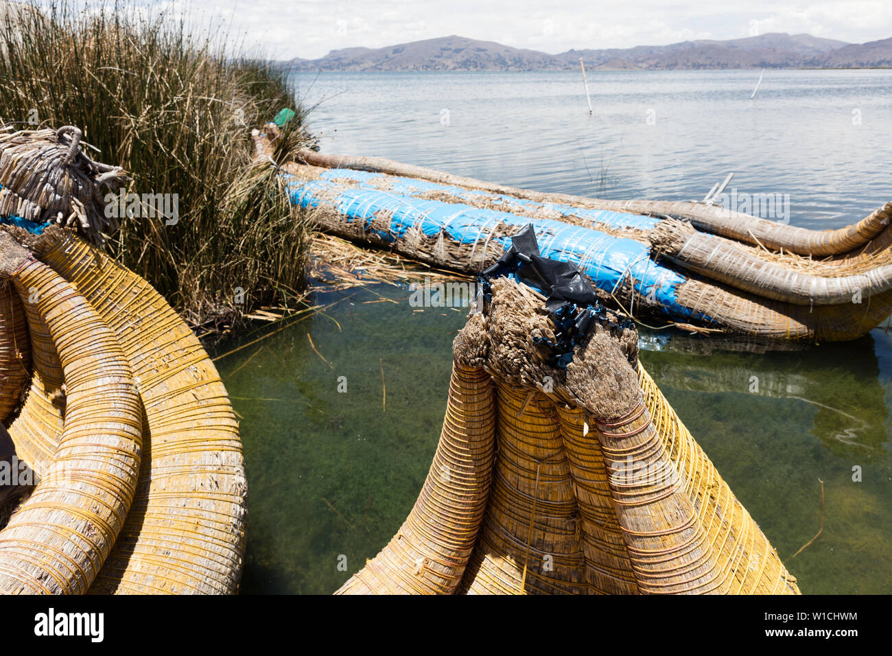 Traditional reed boat (totora) in the Uros Islands, Titicaca Lake or ...