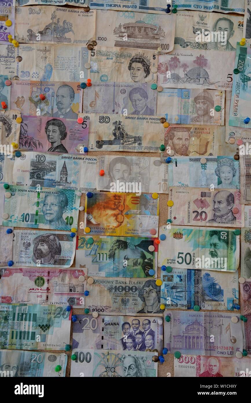 Collection of different banknotes from a variety of countries pinned on ...