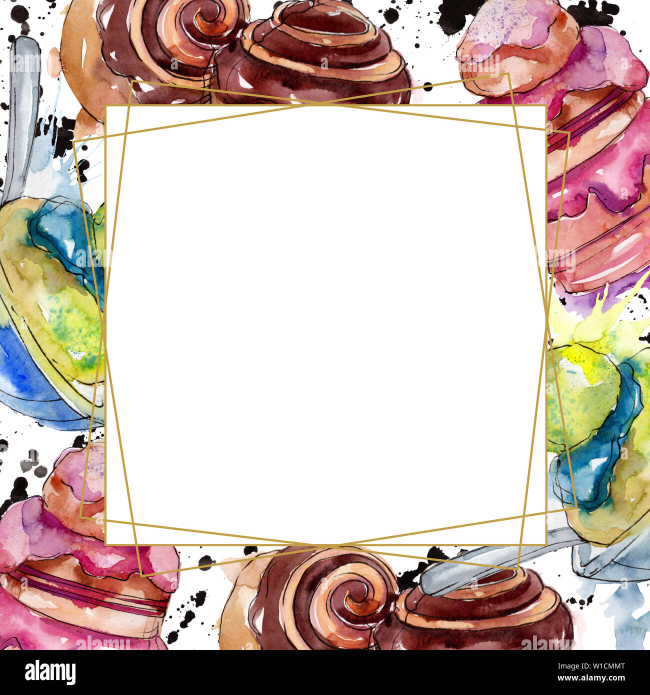 Tasty cake and bun sweet dessert. Watercolor background illustration set. Frame border ornament square Stock Photo Alamy