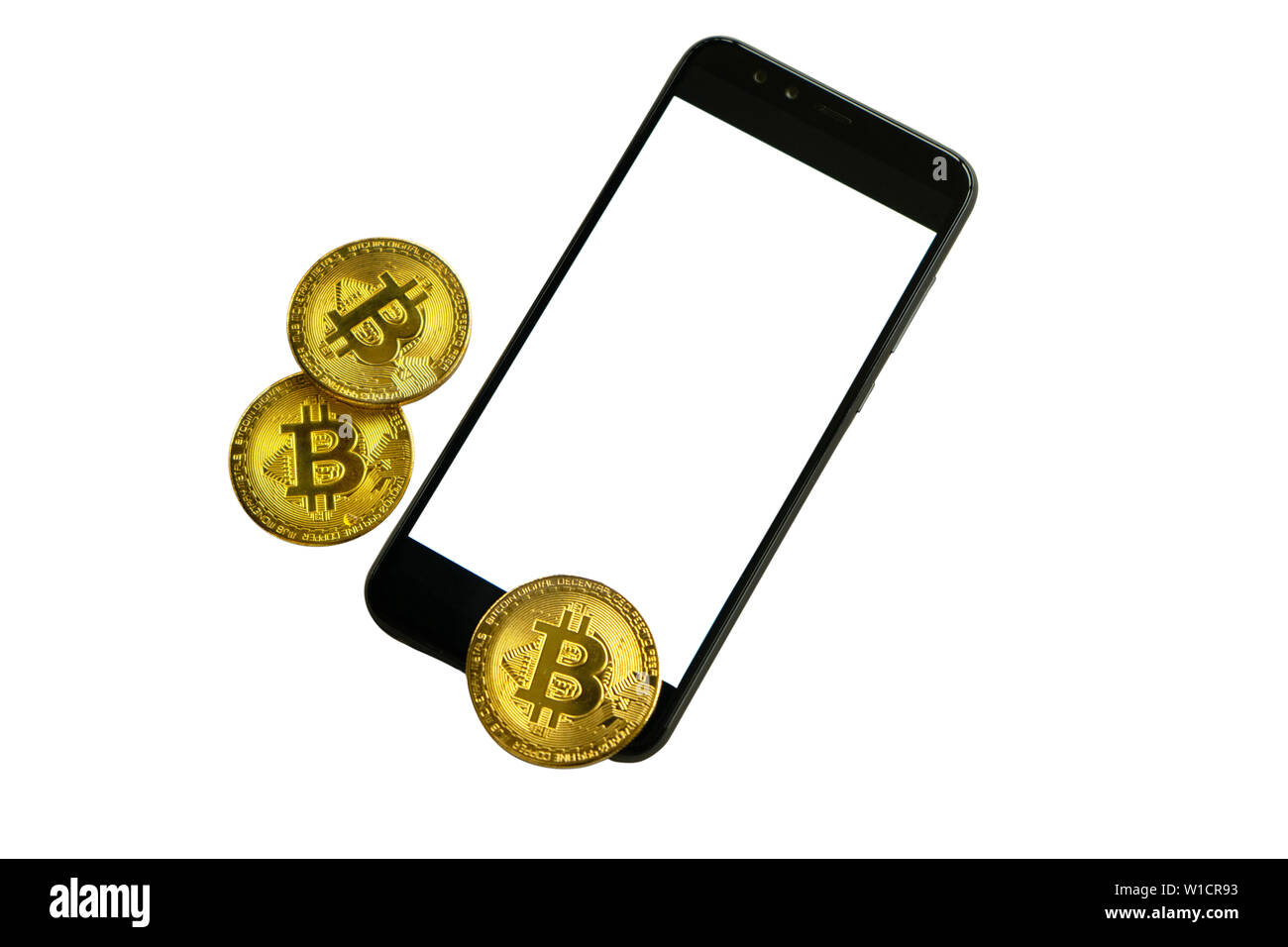 Smartphone and bitcoins. Isolated image on white background. Bitcoin ...