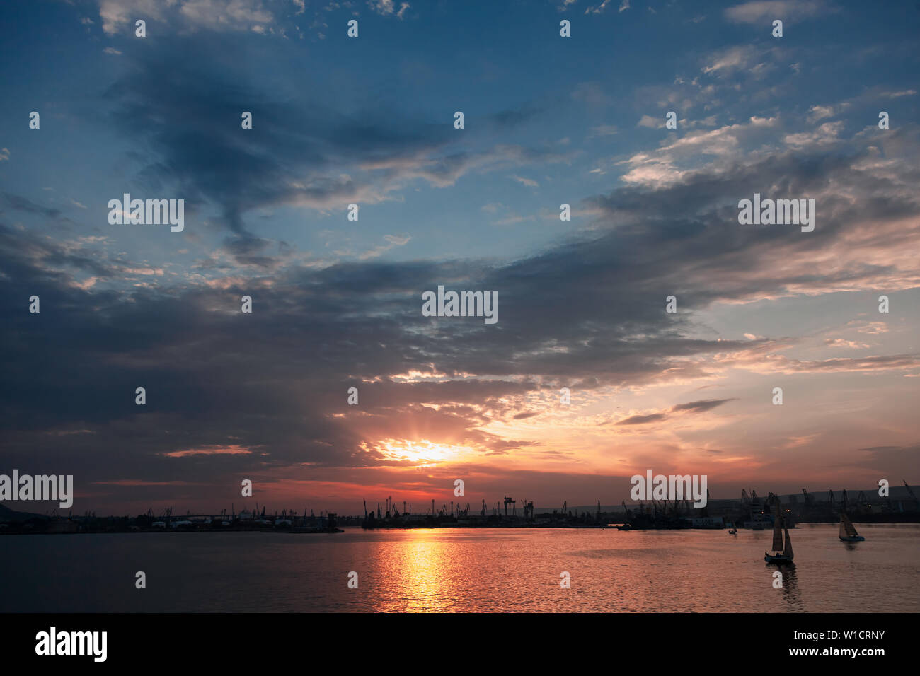 Black Sea coastal landscape, Varna port under dramatic cloudy sky at ...