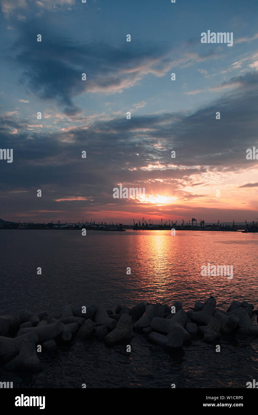 Black Sea vertical landscape, Varna port under dramatic cloudy sky at ...