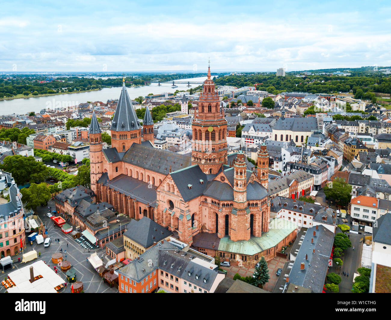 Mainz Cathedral aerial panoramic view, located at the market square of ...