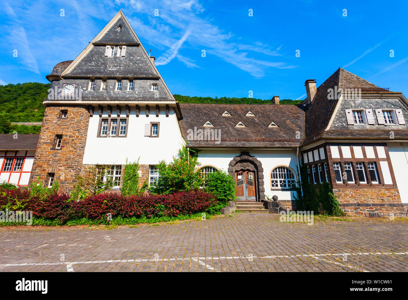 Moselkern railway station near the Eltz Castle. Burg Eltz is a medieval ...