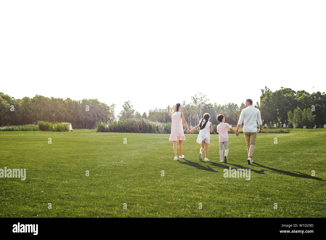 Power of family. Back view of young family of four holding hands and ...