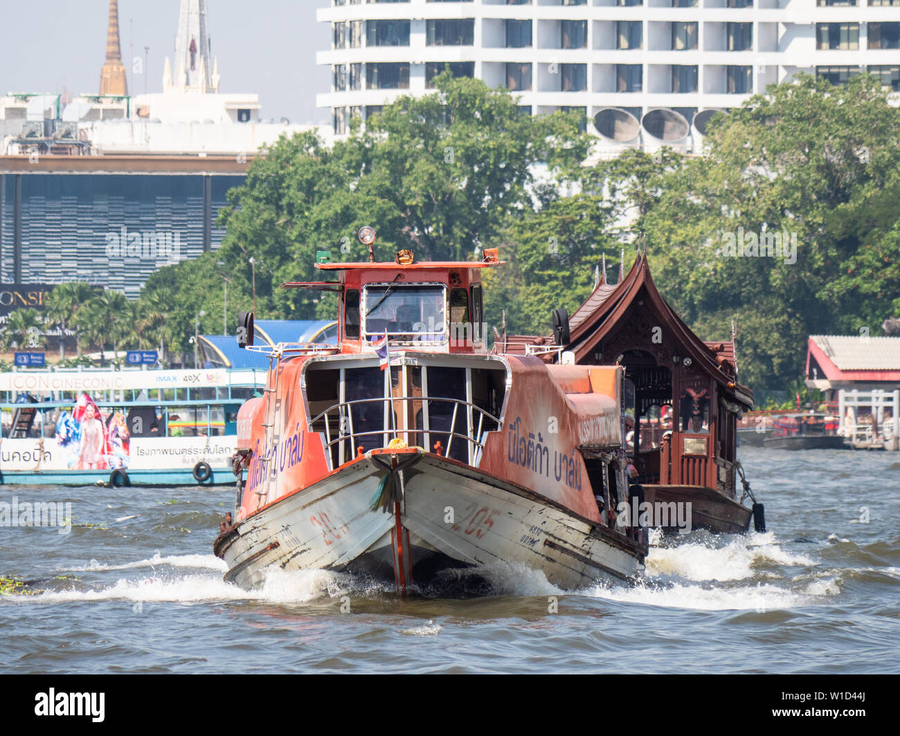 Bangkok, Thailand - January 26, 2019: Small passenger ferries represent ...