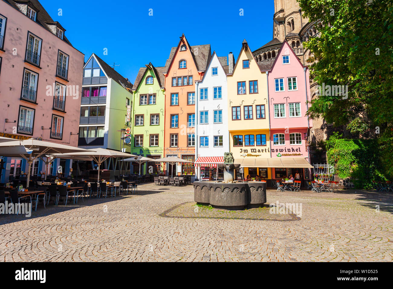 COLOGNE, GERMANY - JUNE 30, 2018: Colorful old houses at the Rhine ...